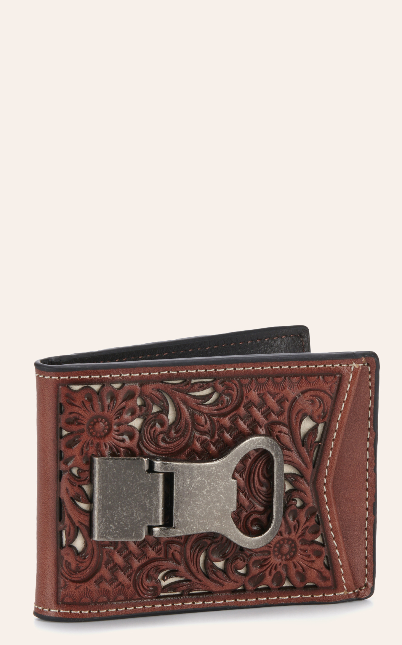 Nocona Brown Tooled with Ivory Inlay Bottle Opener Money Clip Wallet ...