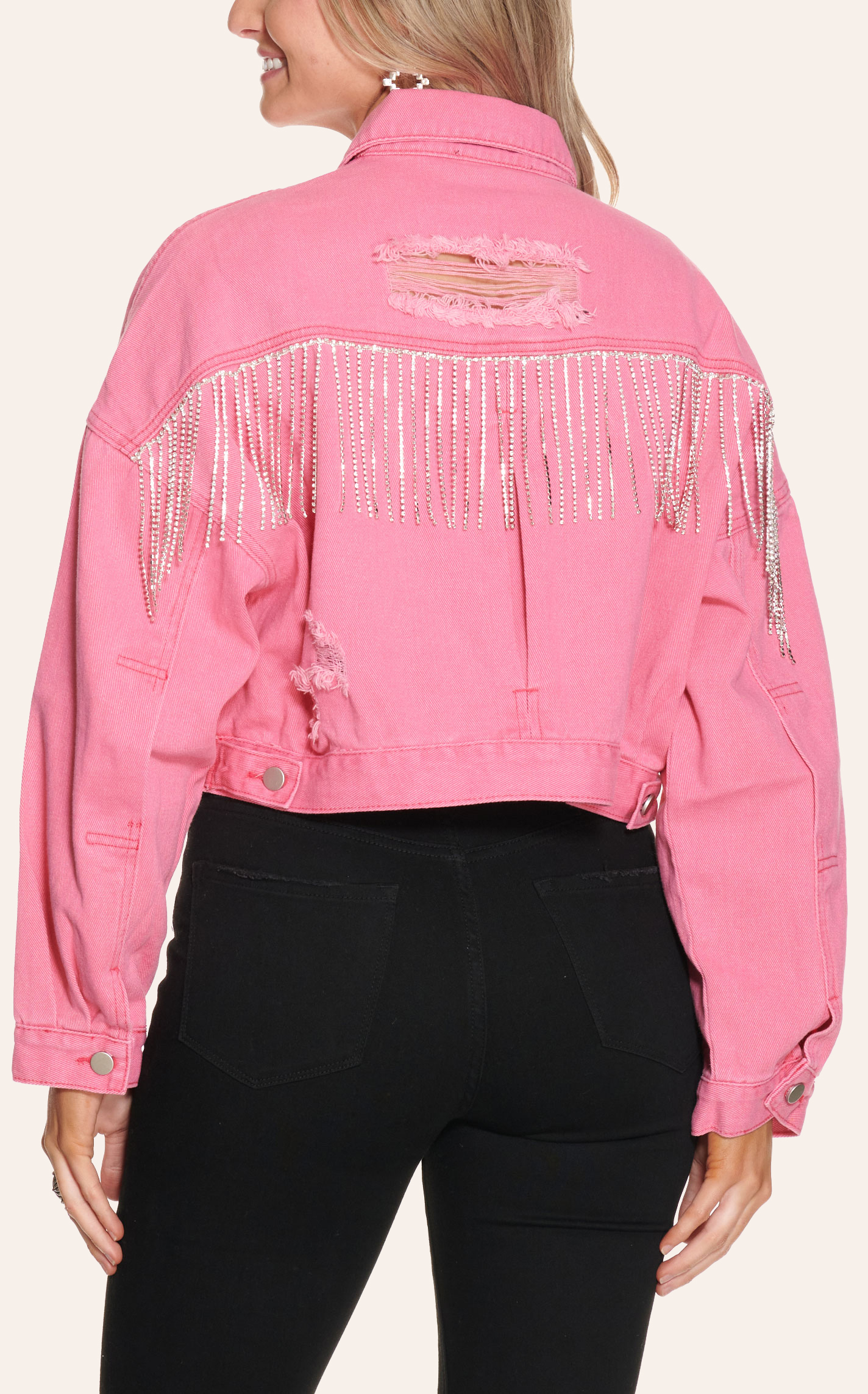 Blue B Women's Hot Pink Distressed Sparkle Fringed Crop Denim Jacket