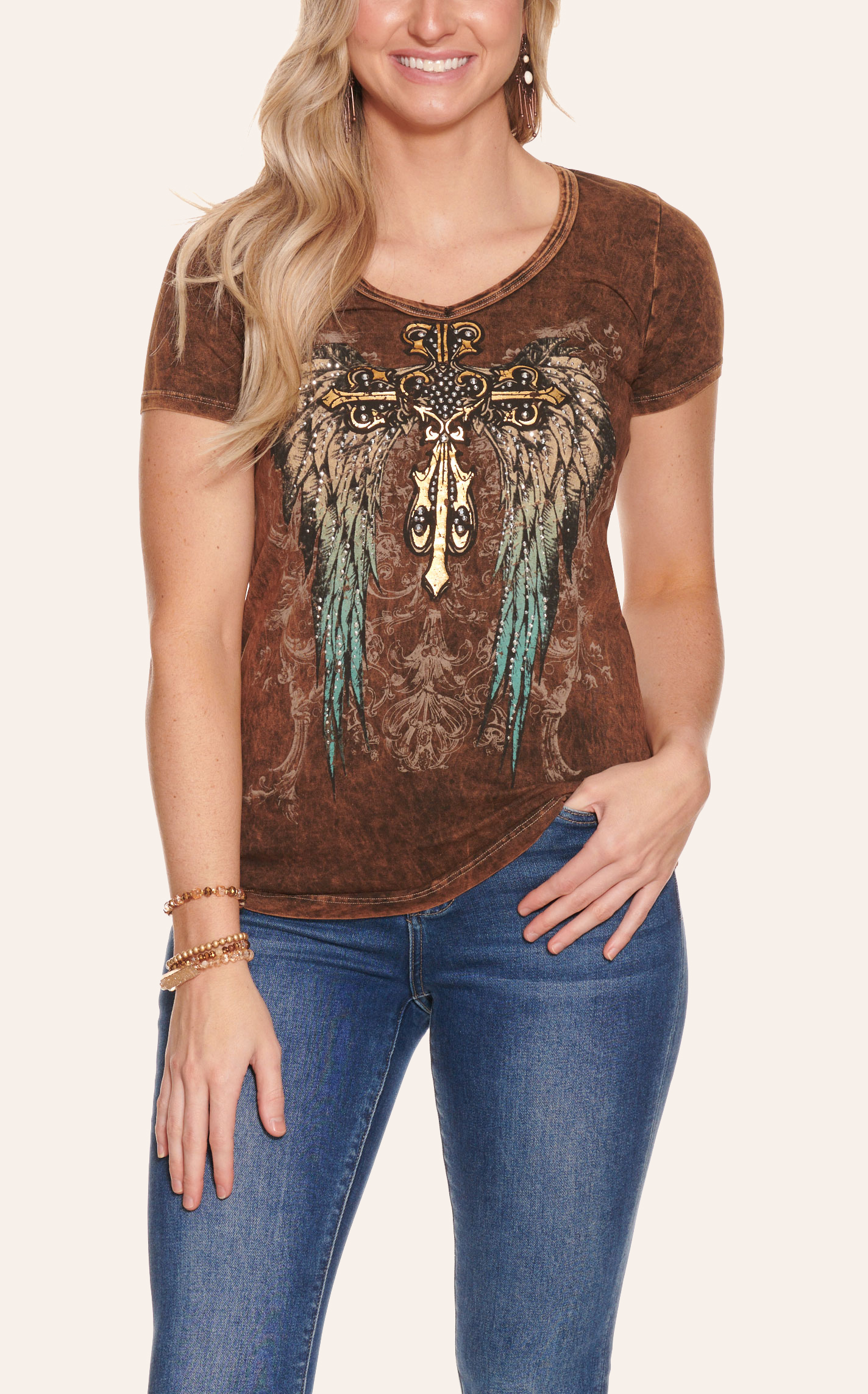 Liberty Wear Women's Deep Brown with Winged Gold Cross Crystals Short ...