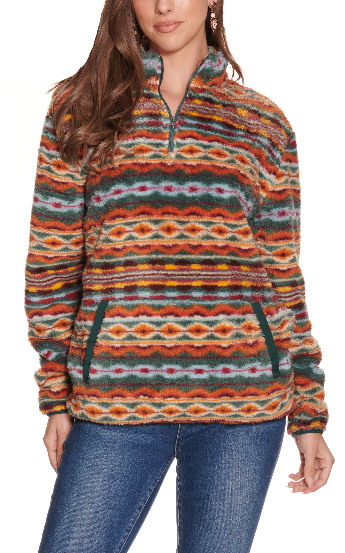 Rockin C Women's Dark Teal Orange Burgundy Print 1/4 Zip Long Sleeve ...