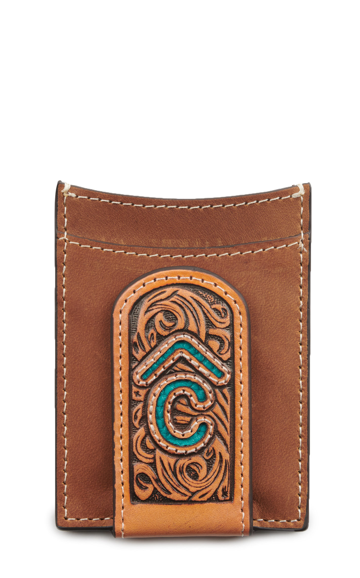 Rafter C Men’s Tan Leather Tooled Turquoise Underlay Money Clip / Card Case