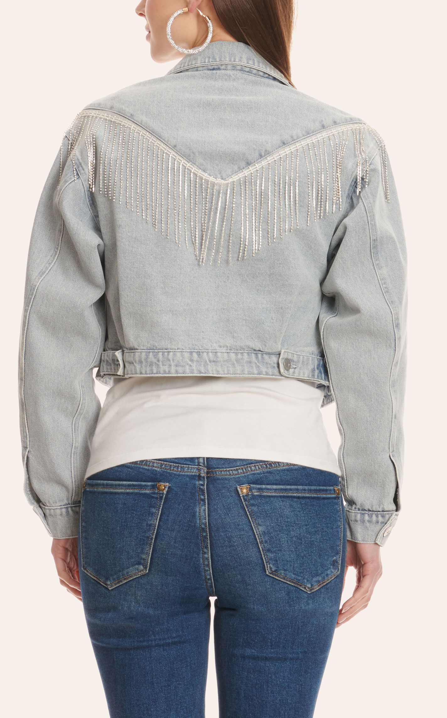 Blue B Women's Light Wash Chevron Sparkle Fringe Crop Denim Jacket
