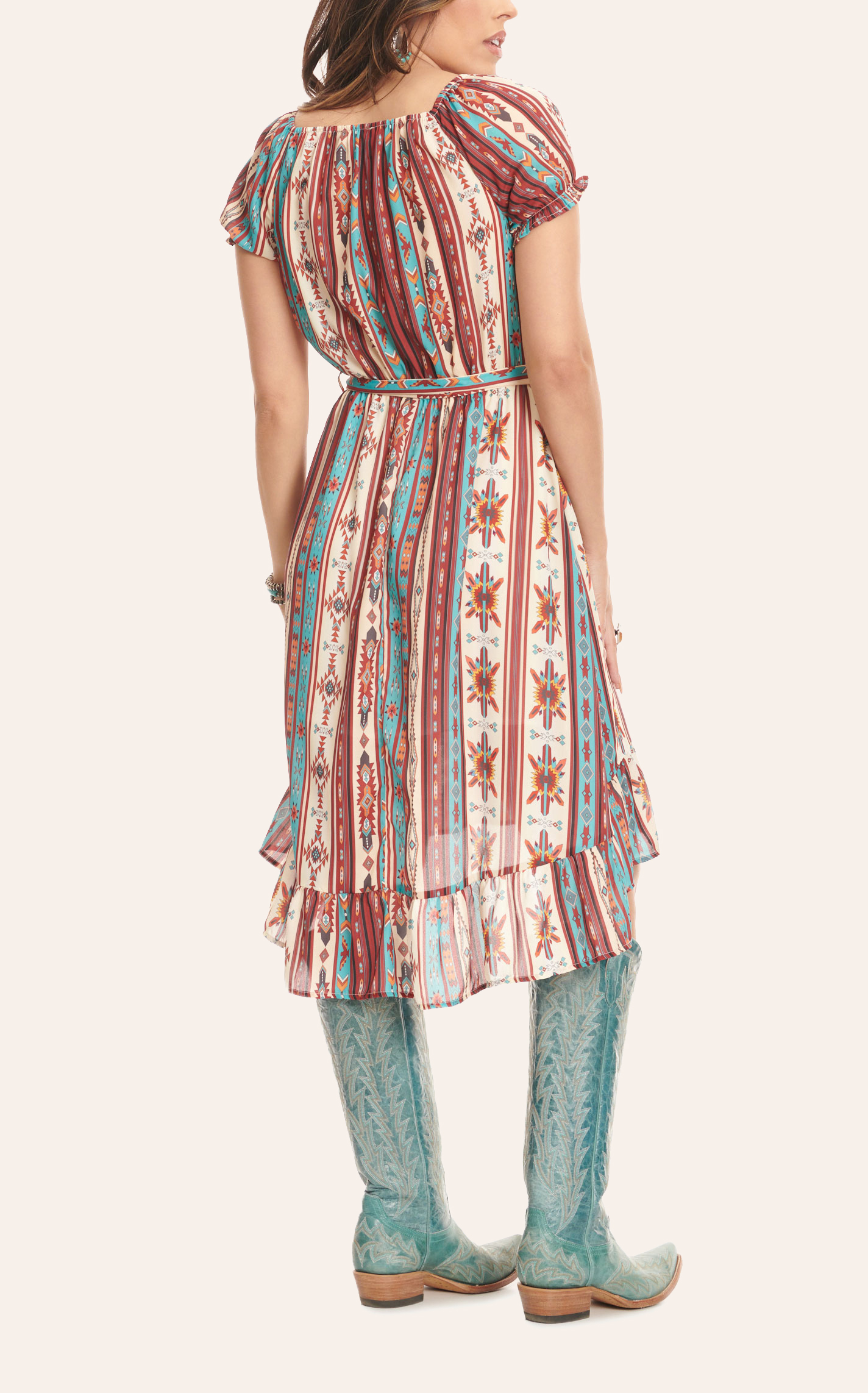 Cowgirl Legend Women's Cream Rust & Turquoise Aztec Stripe Short Puff ...