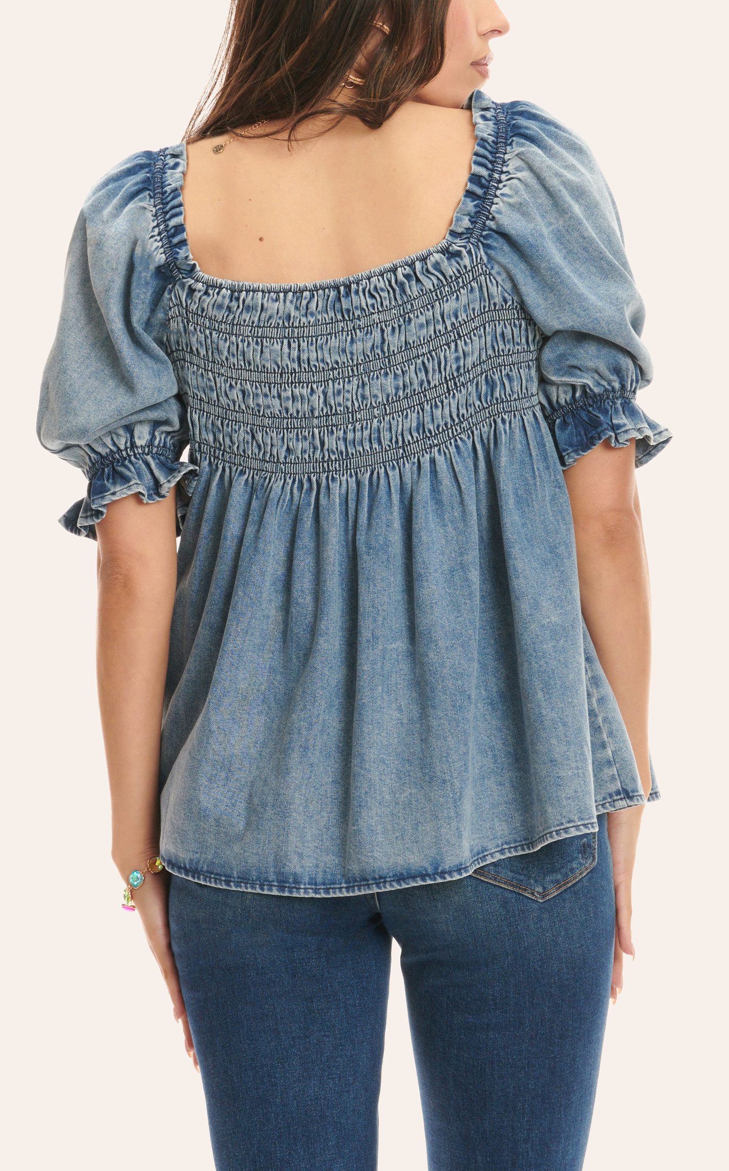 MAZIK Women's Medium Wash Denim Blue Smocked Short Puff Sleeve Top