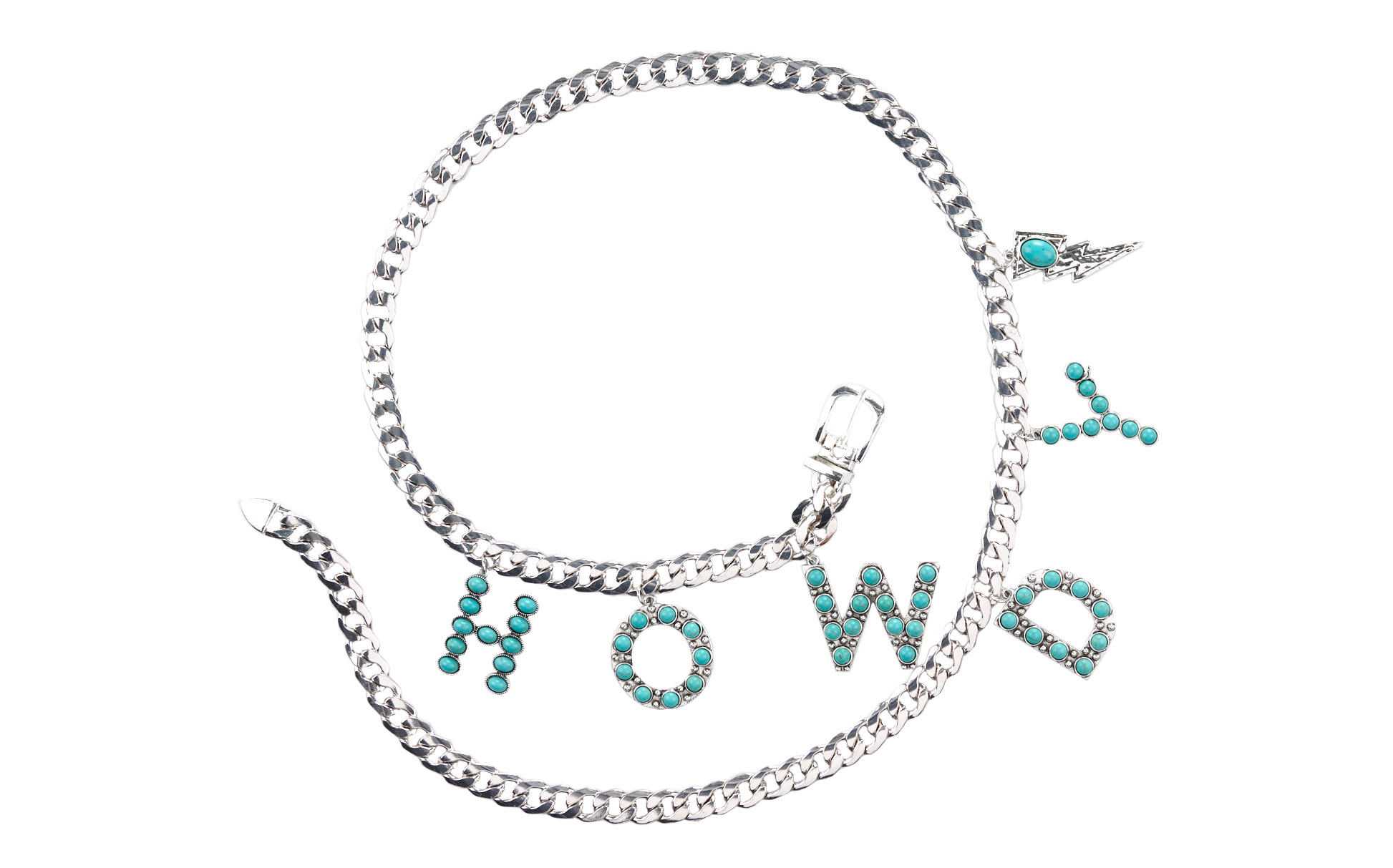 Ashlyn Rose Silver Flat Link Turquoise Howdy Charm Chain Belt