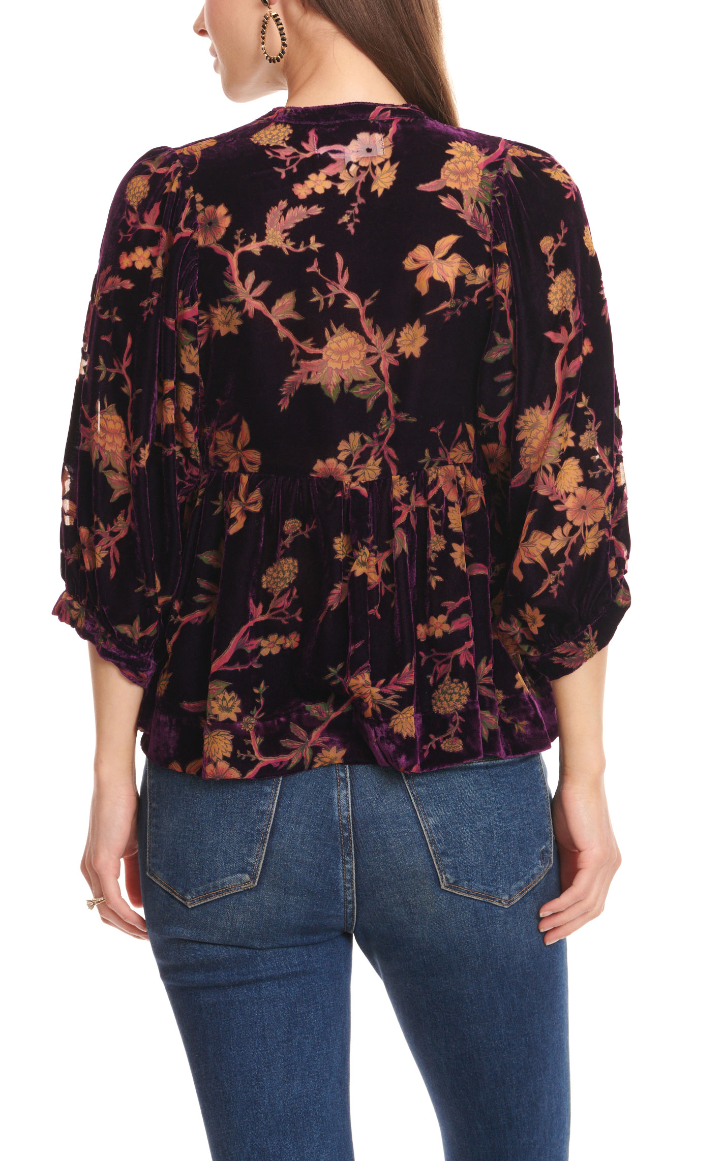 Dear John Women S Deep Purple Sheer Marigold Floral Print 3 4 Sleeve Top