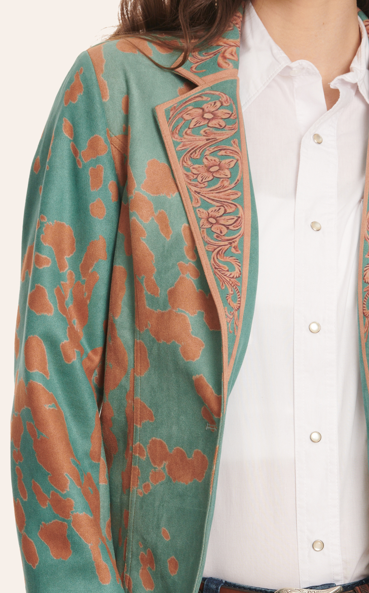 Fashion Express Women’s Cinnamon & Turquoise Cow Print Faux Suede Blazer