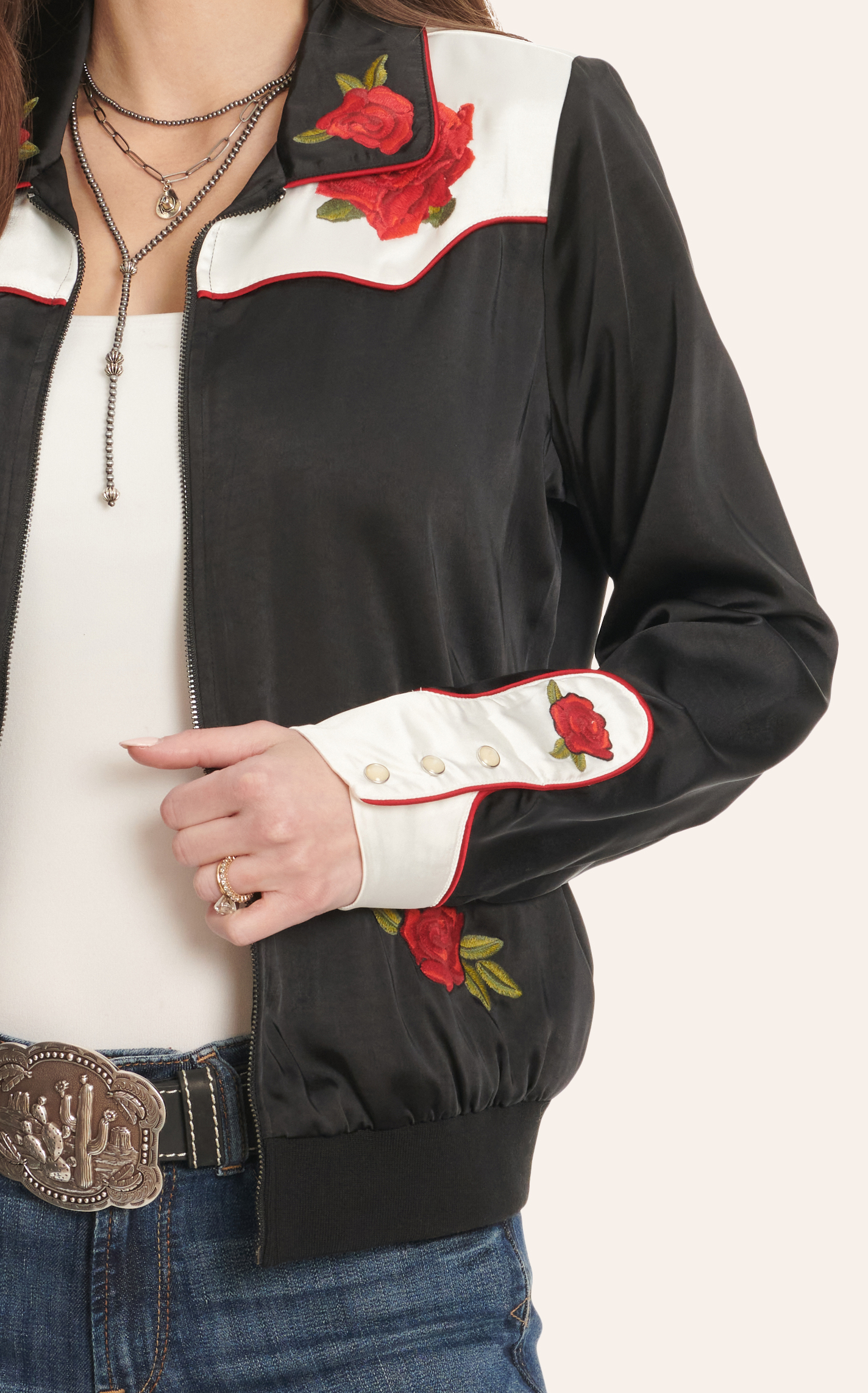 Ariat x Rodeo Quincy Women's Black & White Embroidered Red Roses Bomber ...