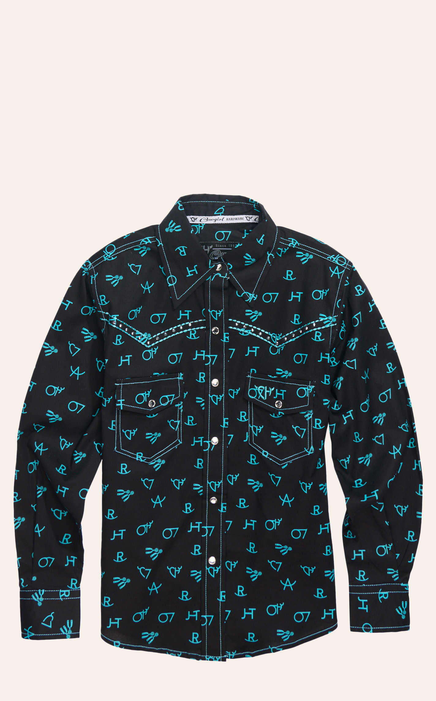 Cowboy Hardware Boy's Black & Turquoise Brand Print Western Shirt
