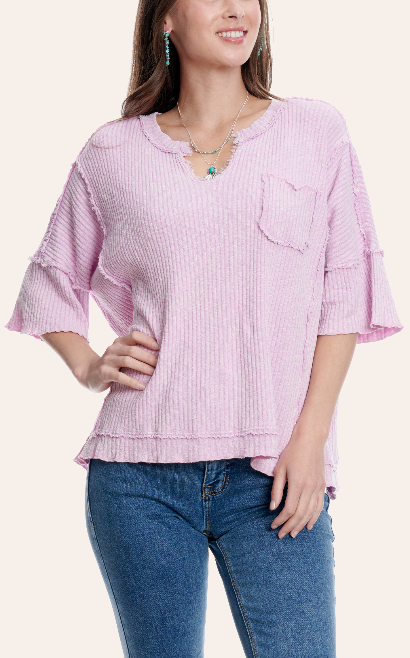 EASEL Women's Lilac Ribbed Notch Neck Top