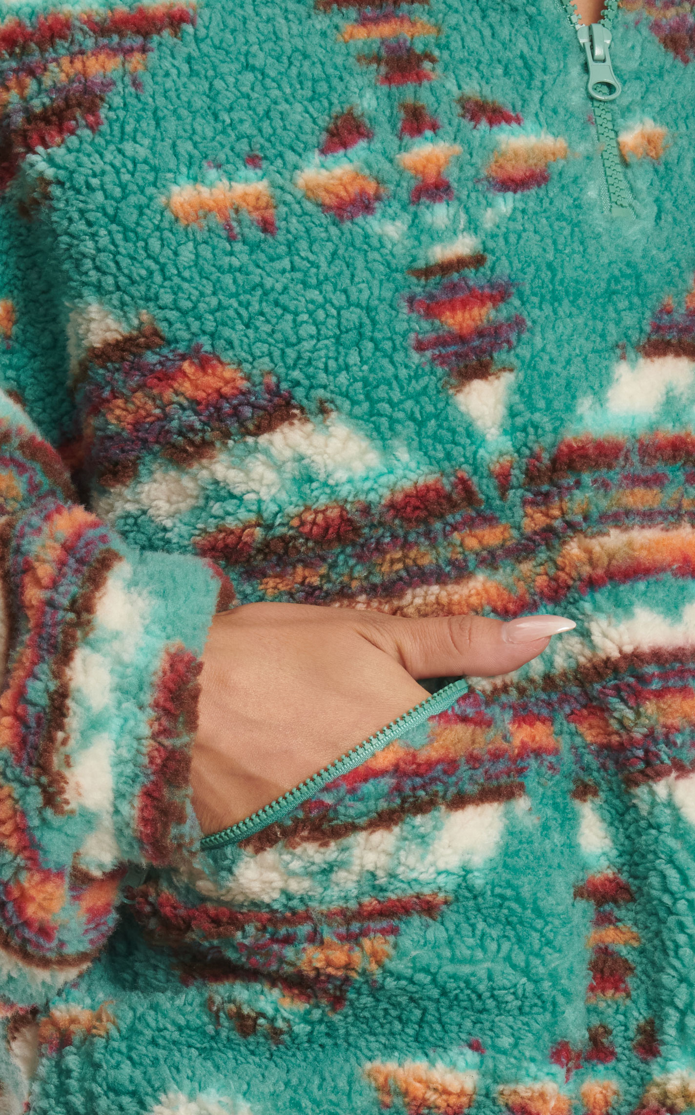 Rock & Roll Denim Women's Soft Teal Colorful Aztec Sherpa Pullover