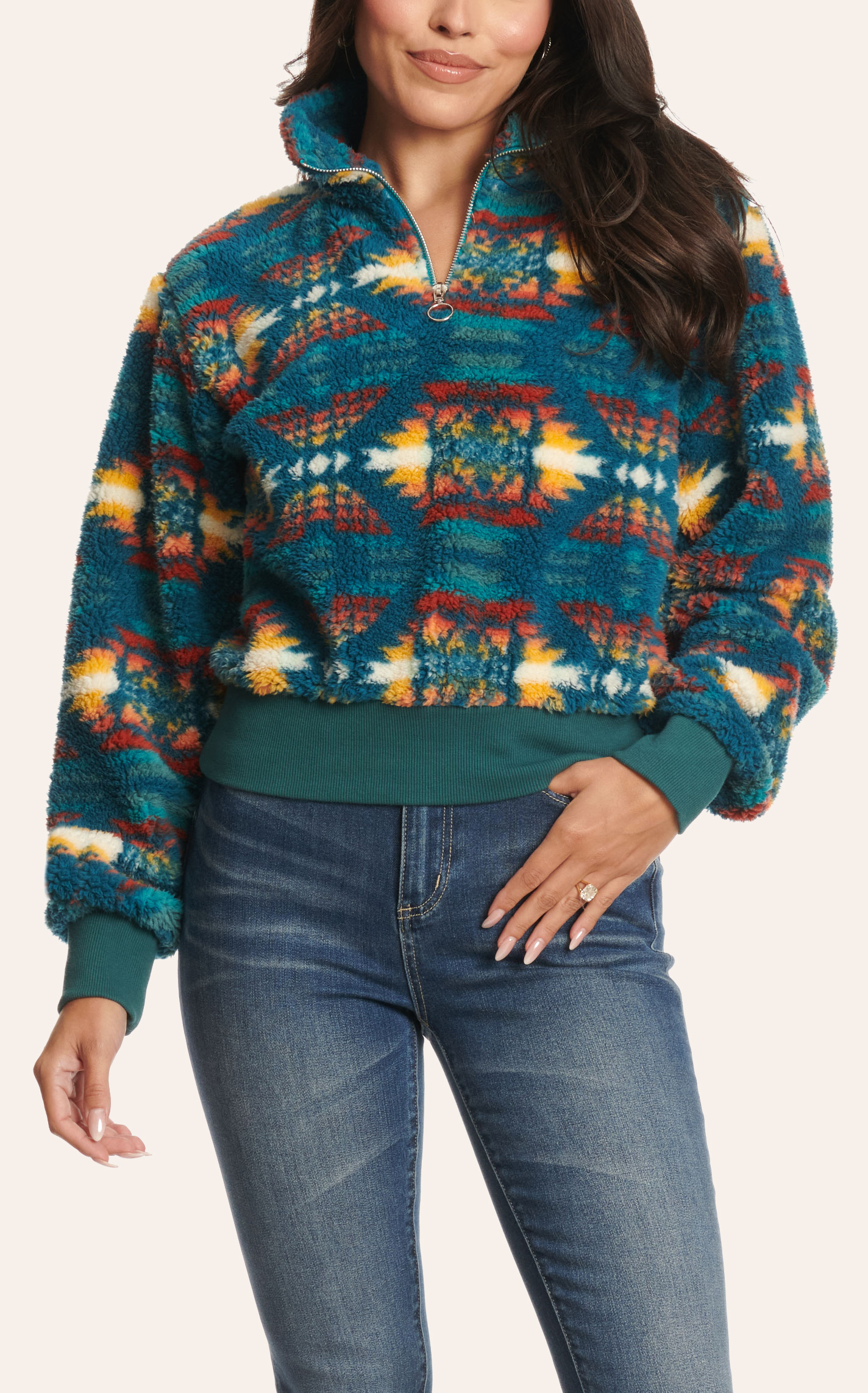 Rock & Roll Denim Women's Aegean Colorful Aztec Sherpa Pullover
