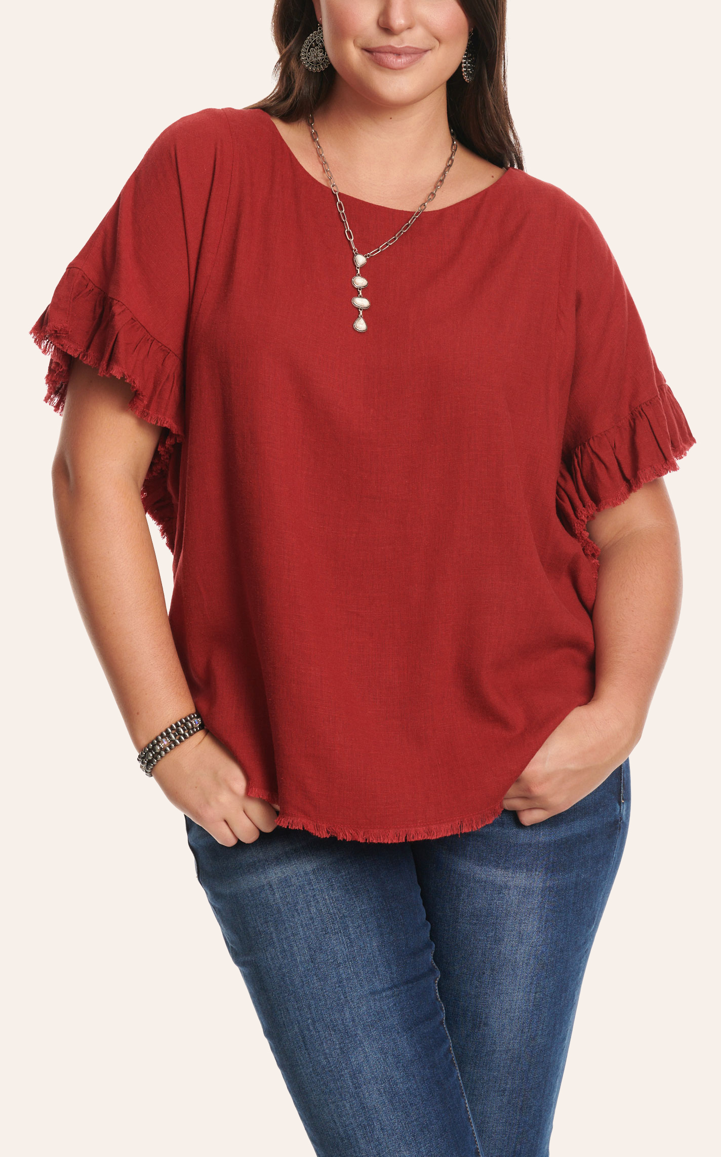 Umgee Women's Blood Red Frayed Linen Top - Plus Sizes
