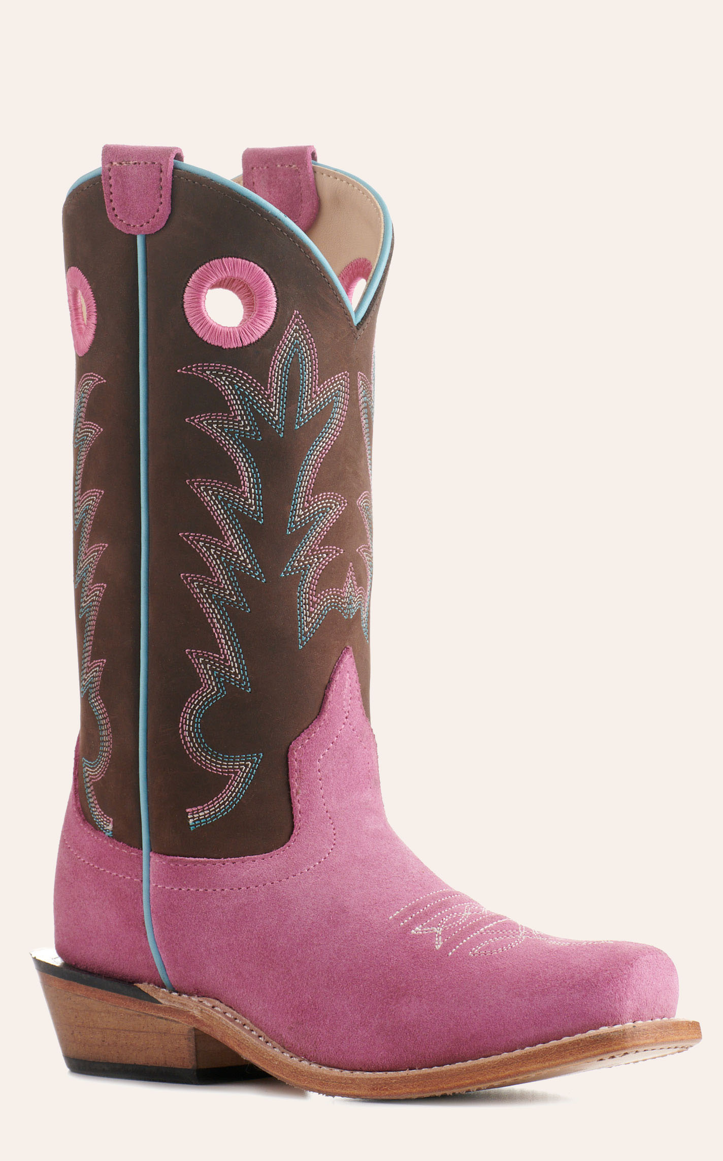 Old West Kids Pink Suede and Brown Punchy Square Toe Cowboy Boots