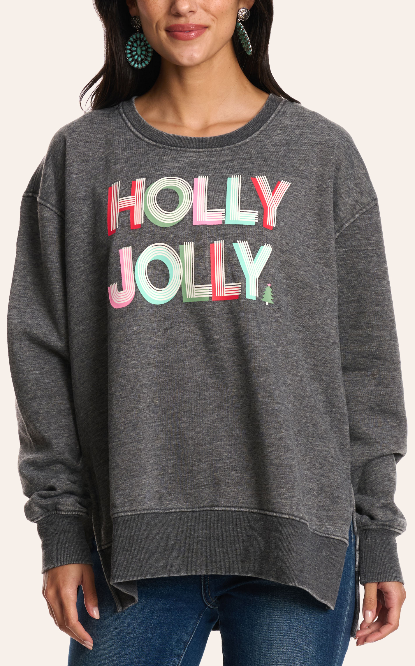 Jadelynn Brooke Women's Charcoal Holly Jolly Burnout Pullover