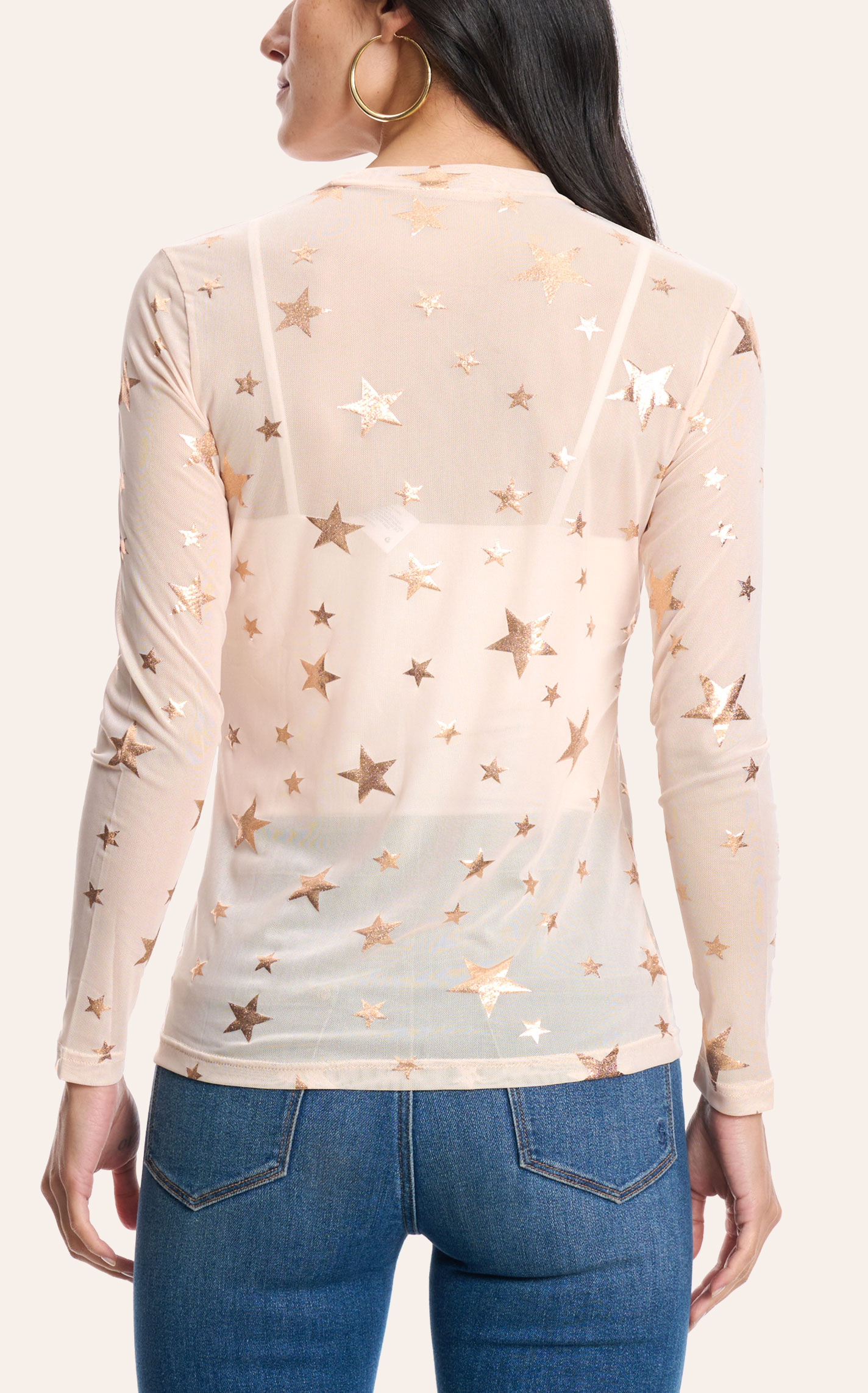 Turquoise Haven Women's Cream Rose Gold Star Fine Mesh Top