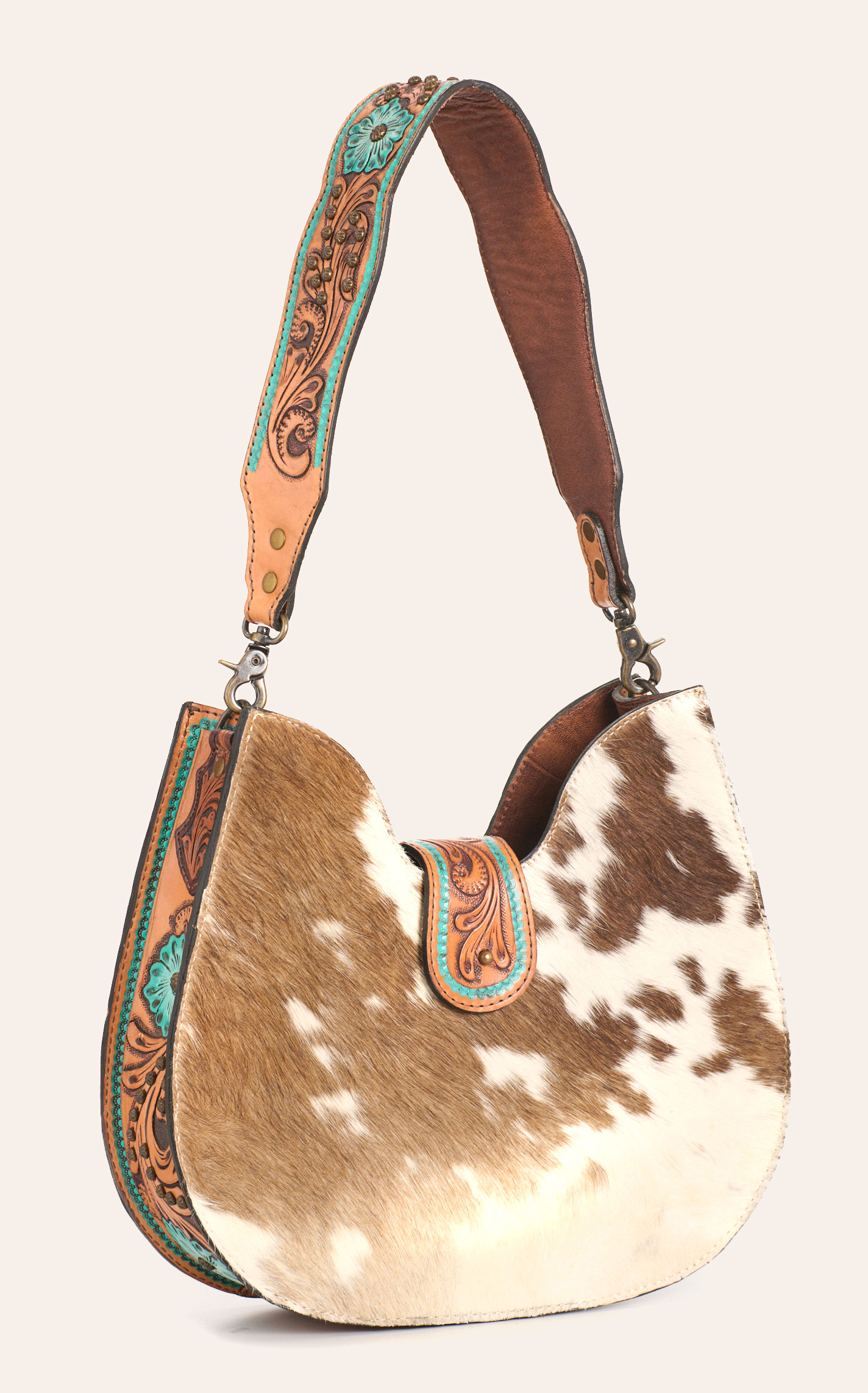 American Darling Hair on Hide Turquoise Tooled Hobo Bag