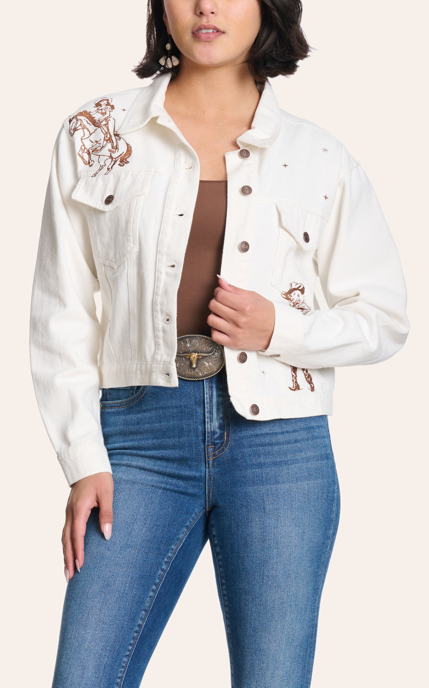 Rockin C Women's Off-White Embroidered Denim Jacket