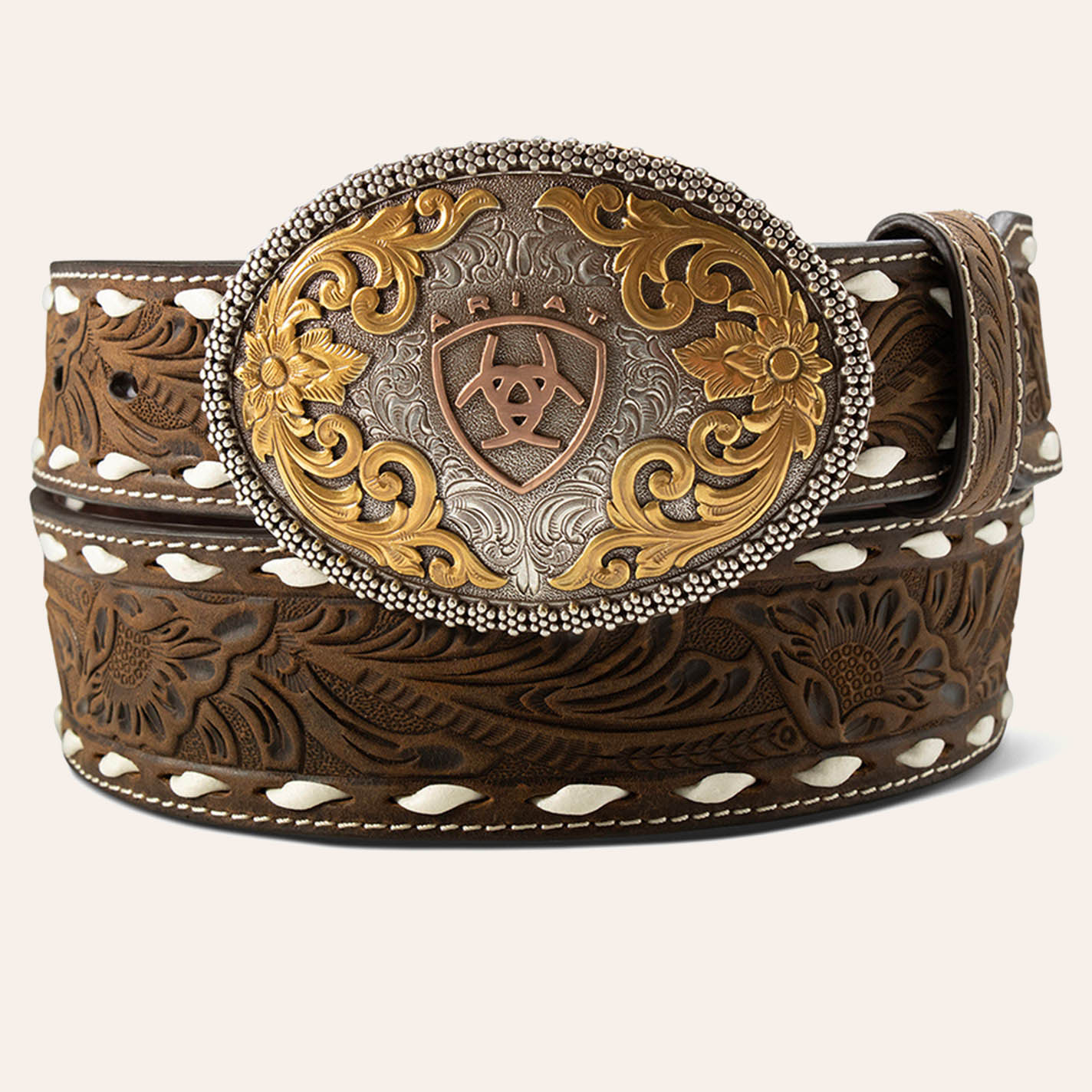 Ariat Men's Etched Oval Buckle Leather Floral Tooled Belt