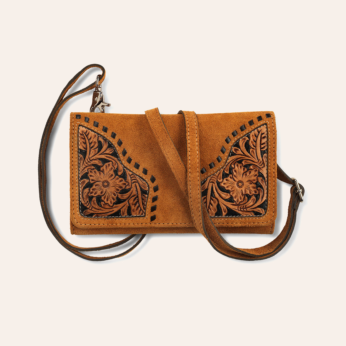 Ariat Sierra Caramel Suede Tooled Floral Crossbody Clutch Bag