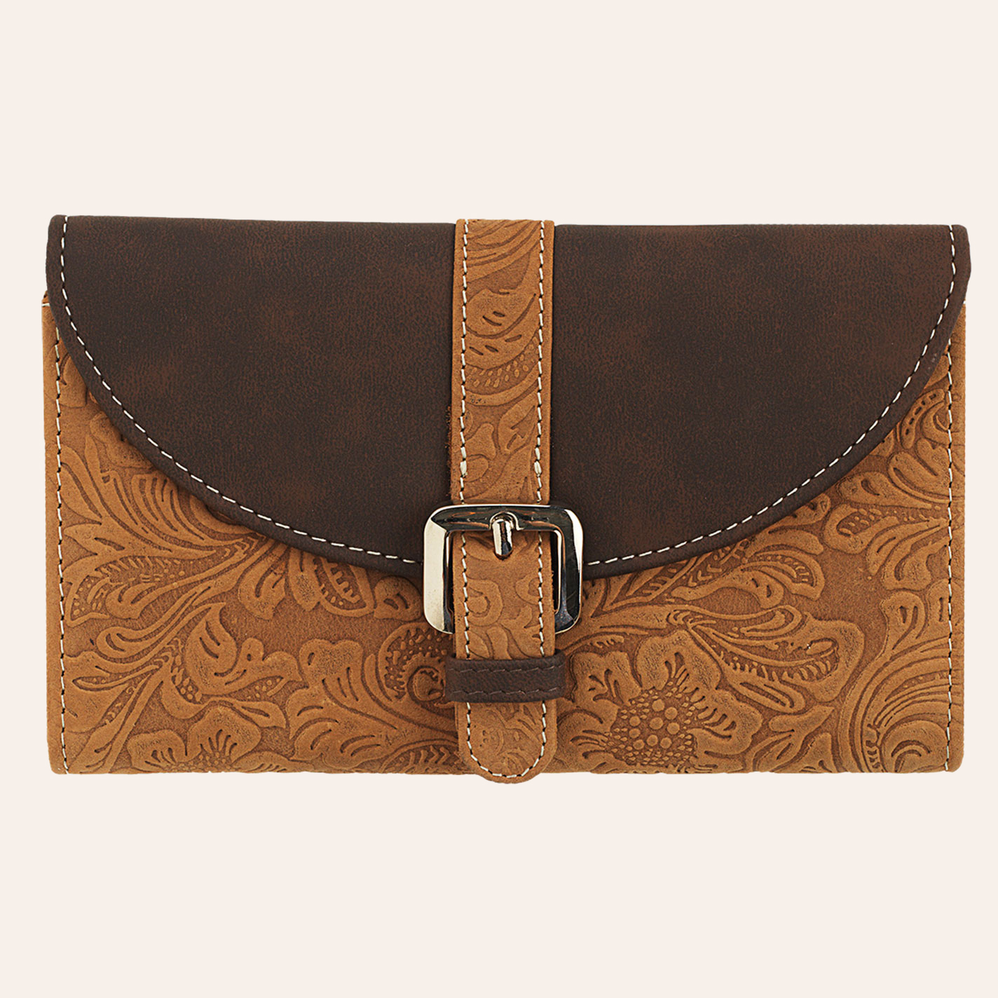 Nocona Brown and Tan Clara Tooled Leather Silver Buckle Wallet - Cavender’s