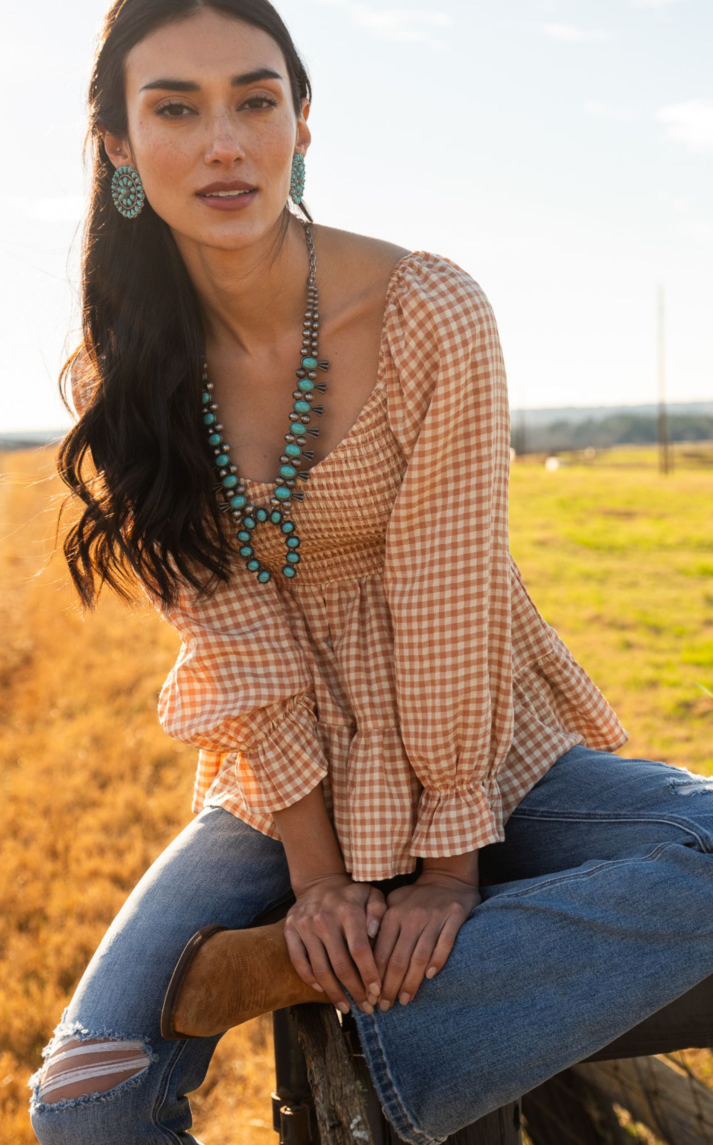 Rockin C Women's Ginger Gingham Smocked Top