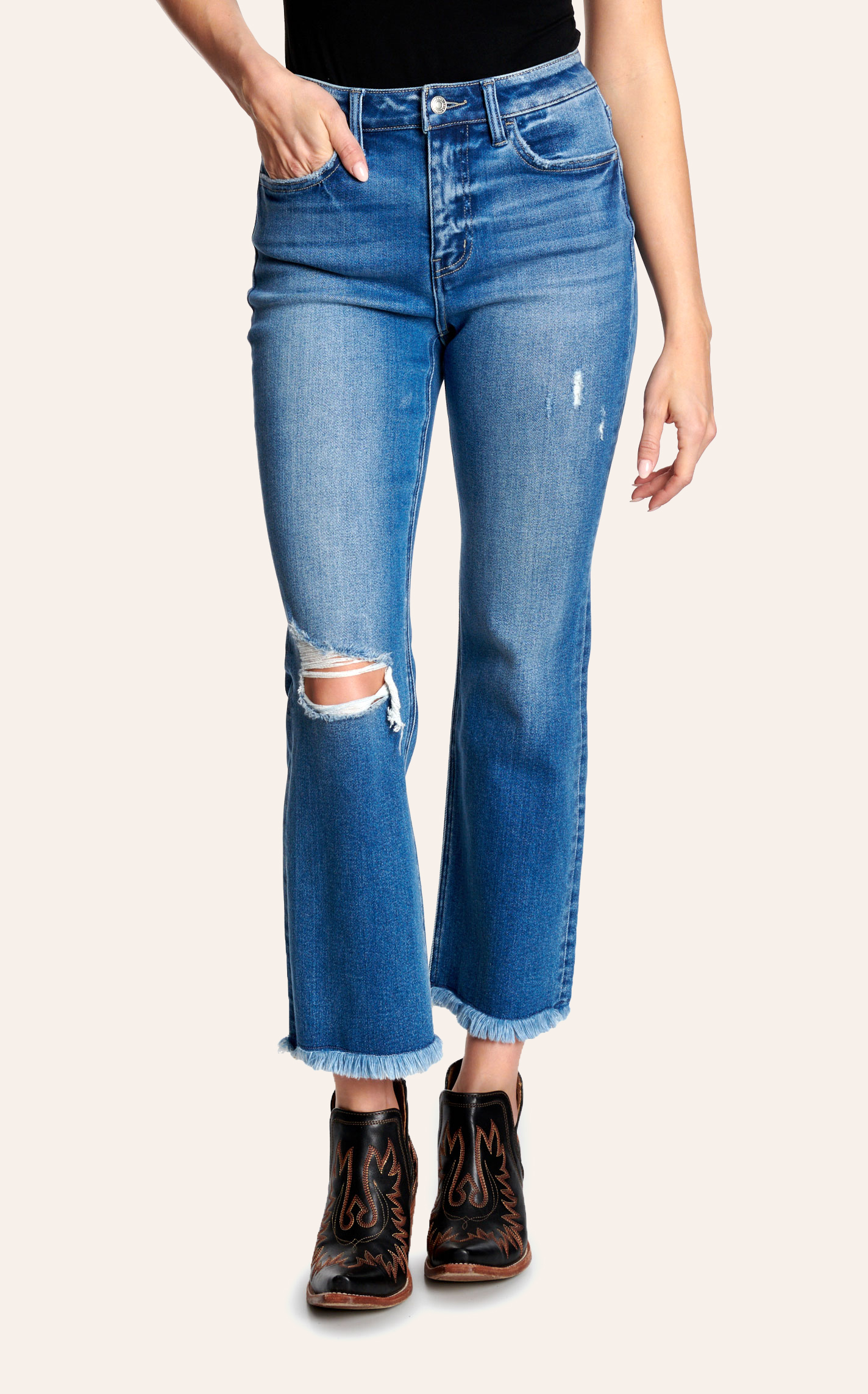 Lovervet by Vervet Women's Medium Wash Raw Hem Cropped Jeans | Cavender's