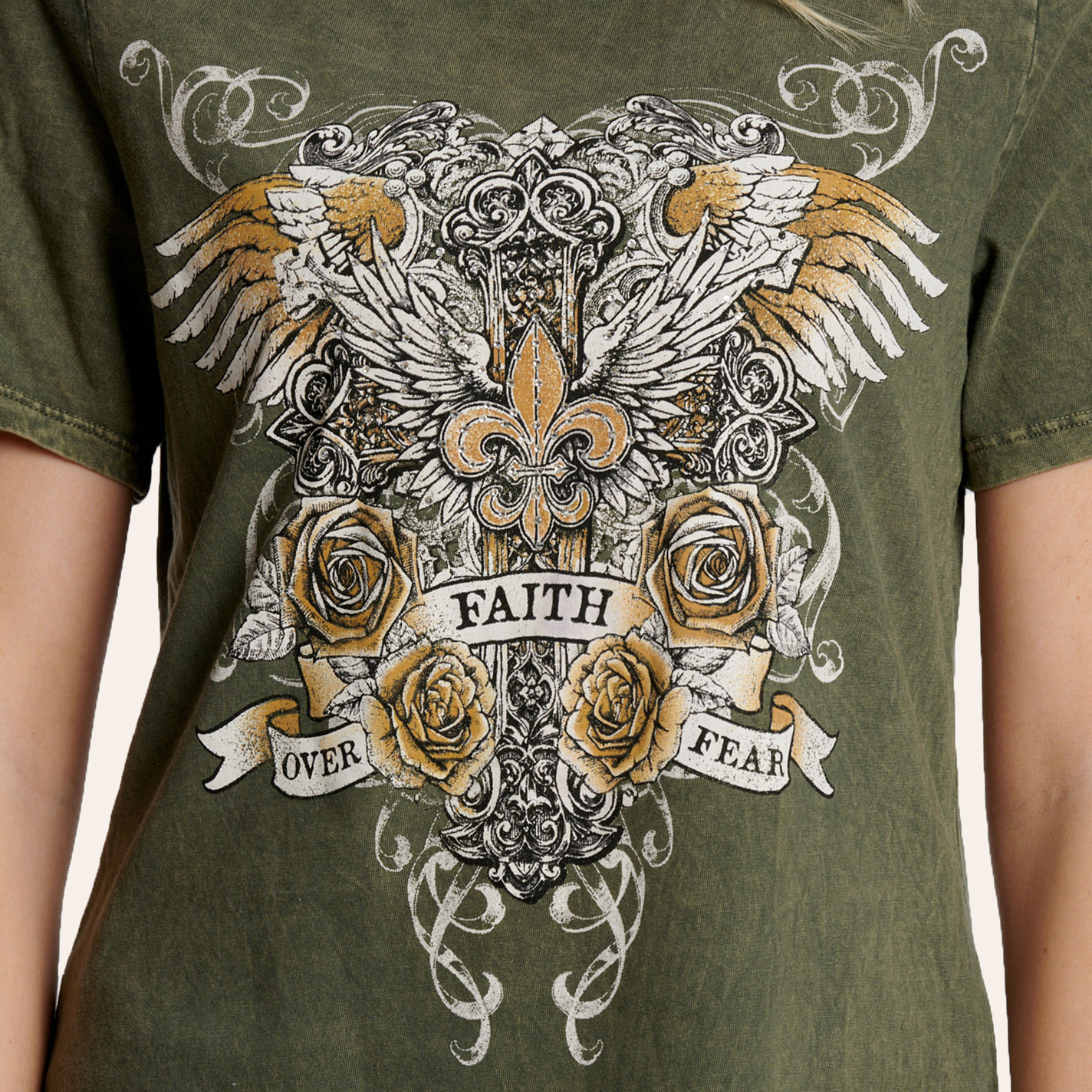 R. Rouge Women's Olive Green Faith Over Fear Top | Cavender's