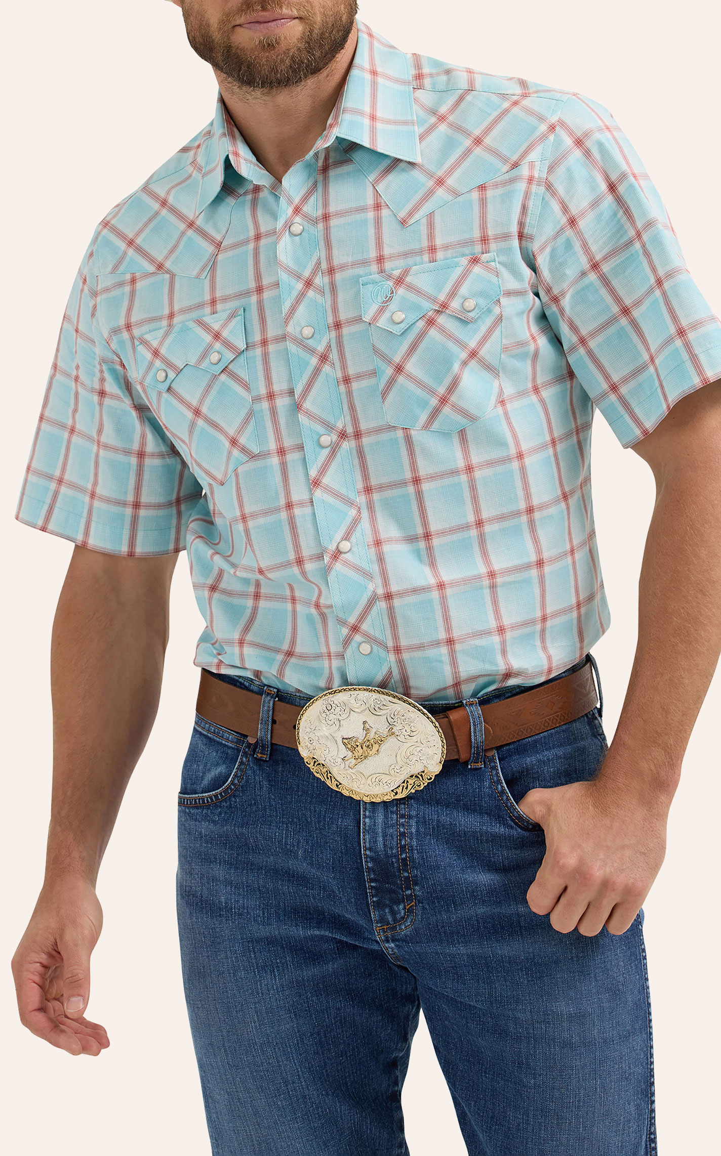 Wrangler Retro Men's Aqua & Rust Plaid Short Sleeve Western Shirt ...