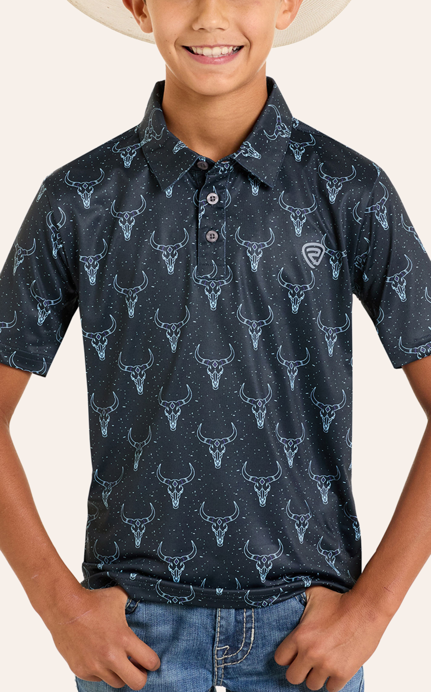 Rock & Roll Denim Boy's Black Longhorn Skull Polo Shirt | Cavender's
