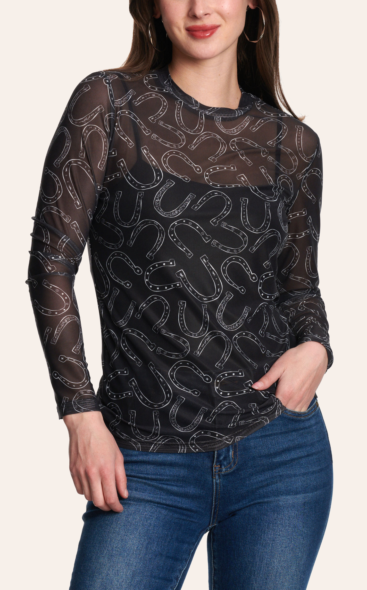 Merigold Kiss Women’s Black Horseshoe Print Mesh Shirt I Cavender's