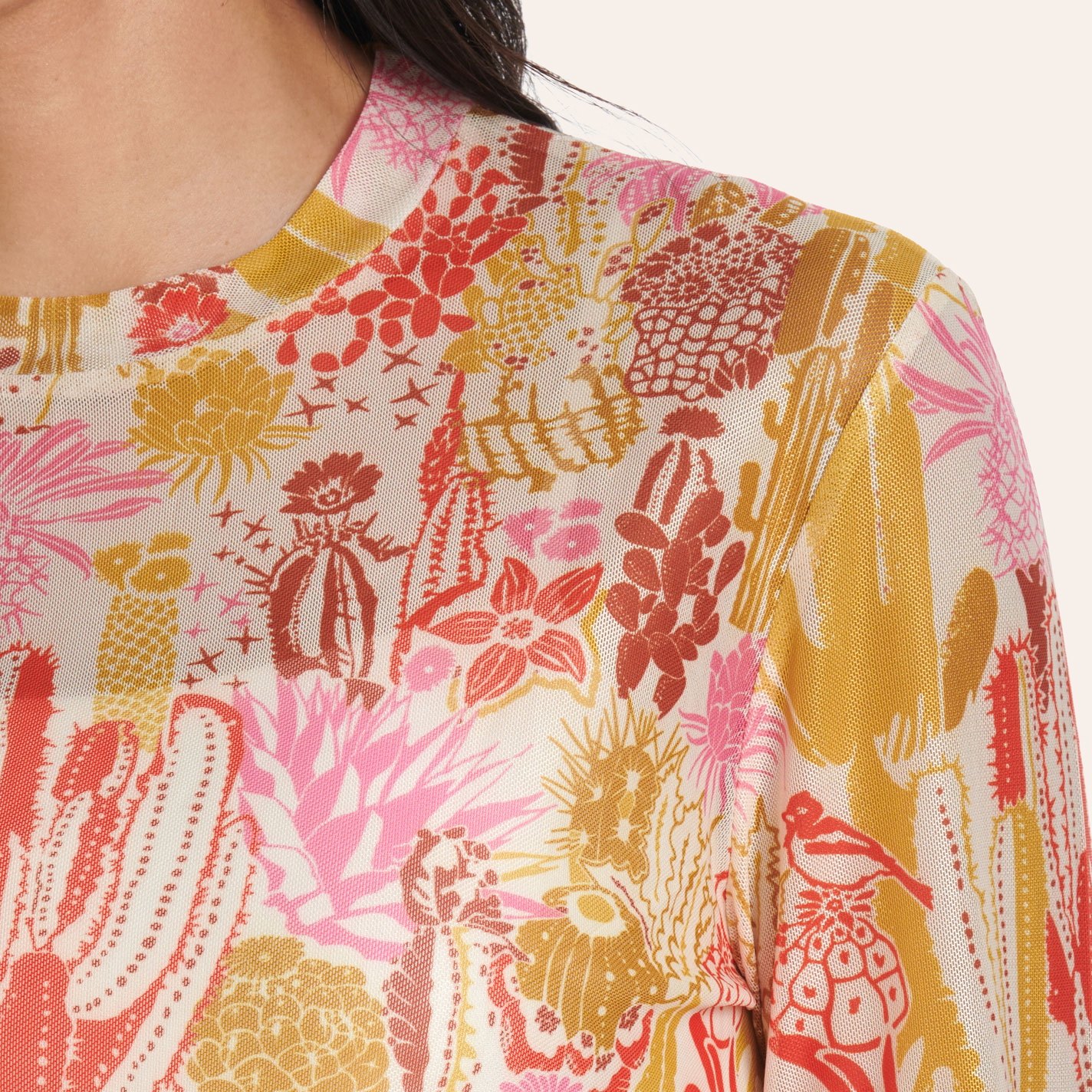 Turquoise Haven Women's Multicolor Cacti Print Mesh Top I Cavender's